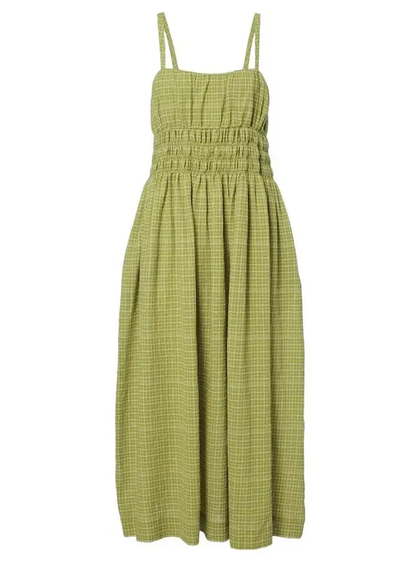 Asceno Verona Checked Cotton Midi Dress - Green