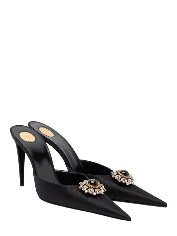 Saint Laurent Embellished Satin Mules - Black
