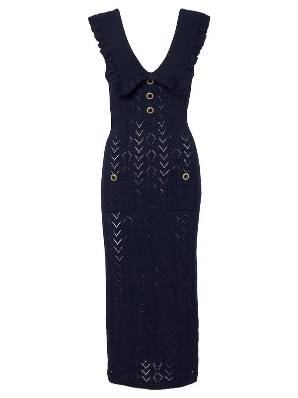 Alessandra Rich Knitted Virgin Wool Midi Dress - Blue