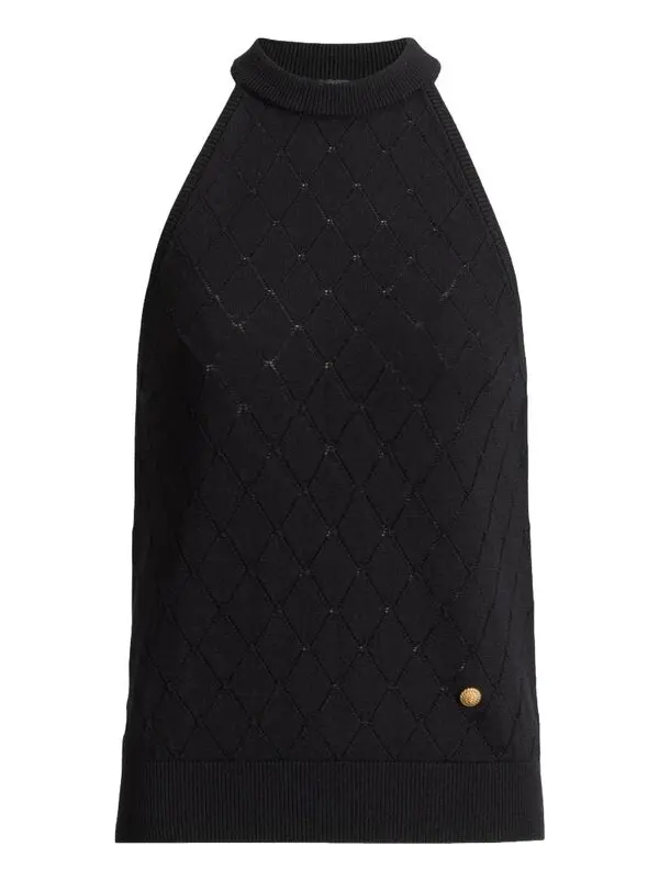 Balmain High Neck Quilted Wool Top With Lion Chain Medallion - Multicolor