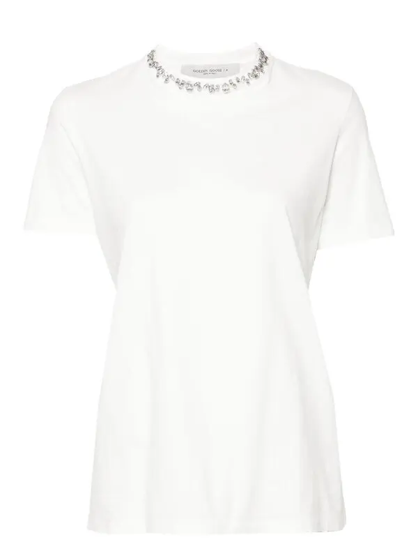 GOLDEN GOOSE White Cotton T-shirt With Embellished Collar - Multicolor