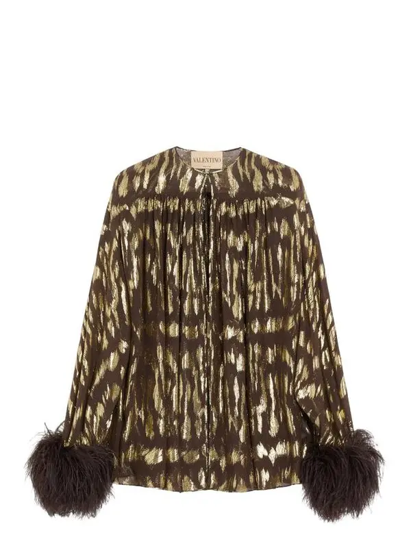 Valentino Garavani Shirt With Feather-trim Cuffs And Metallic Jacquard Finish - Brown