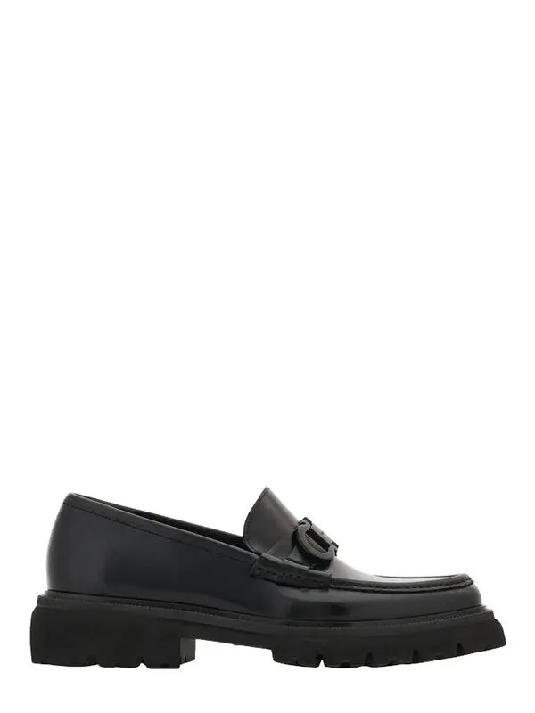 FERRAGAMO Brushed Calfskin Loafers With Double Gancini Buckle - Black