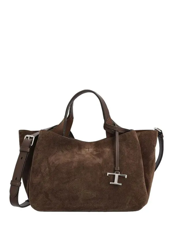TOD'S Suede Tote Bag With Silver-tone Logo Charm - Brown
