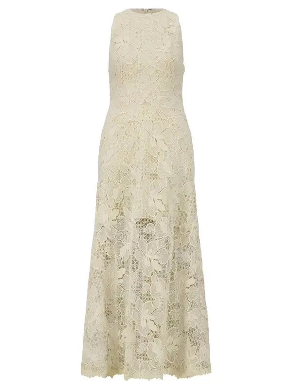 Lela Rose Lattice Guipure Lace High Neck Midi Dress - Ivory