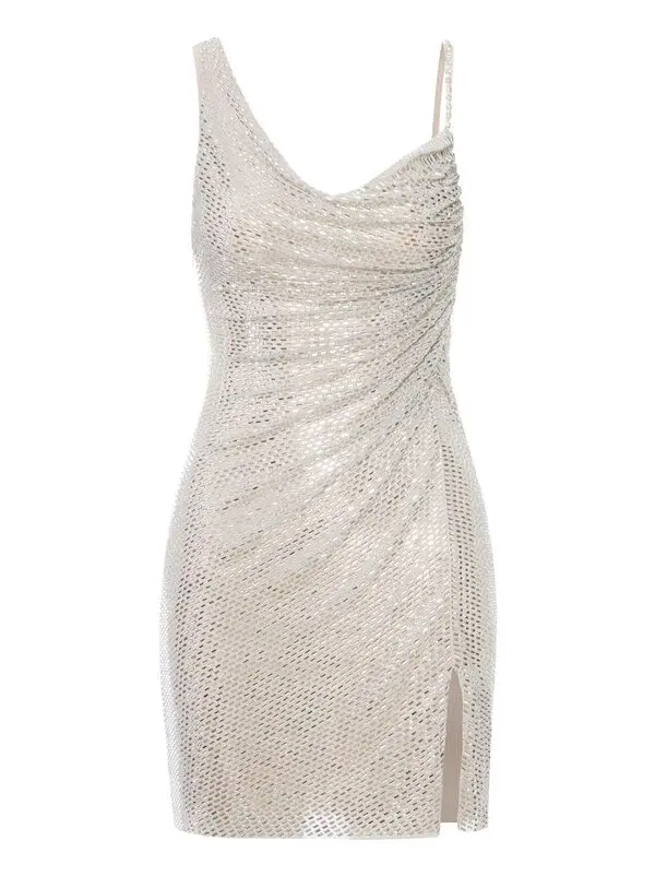 SELF-PORTRAIT Silver Rhinestone Draped Mini Dress - Gold