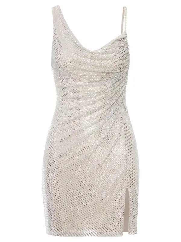 SELF-PORTRAIT Silver Rhinestone Draped Mini Dress - Gold
