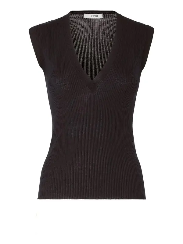 Fendi Rib Knit V-neck Sleeveless Top - Black