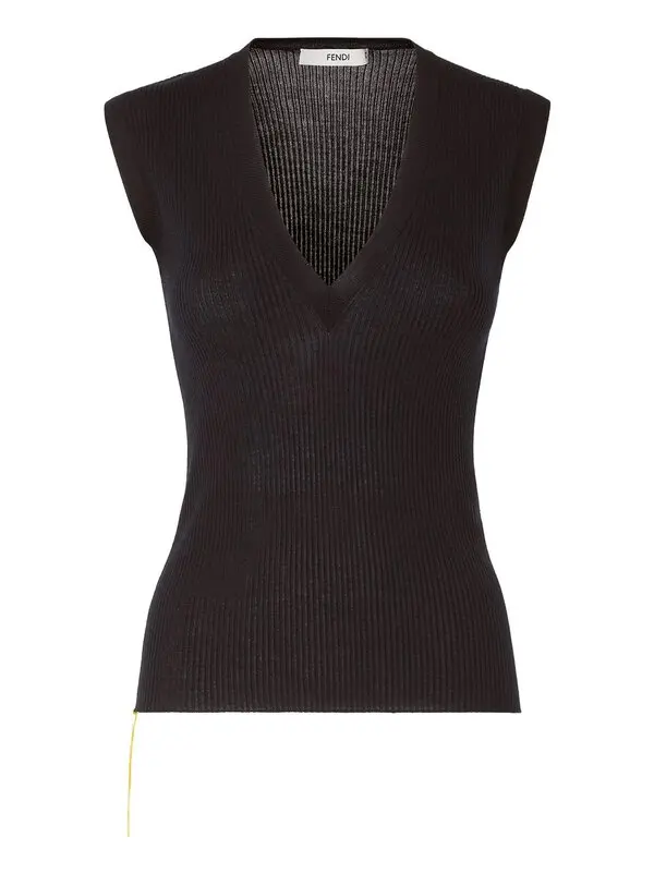 Fendi Wool Rib Knit V-neck Sleeveless Top - Black