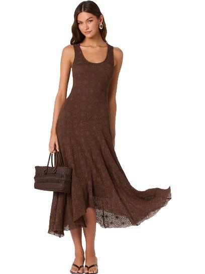 Astr The Label Freida Lace Knit Asymmetric Midi Dress - Brown