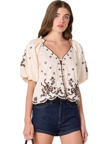 Astr The Label Lucia Embroidered Puff Sleeve Blouse - Cream
