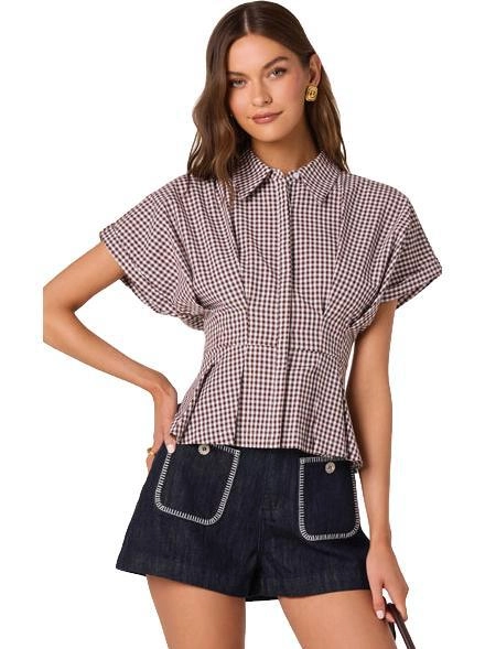 Astr The Label Beck Pleated Button-front Top - Brown Gingham