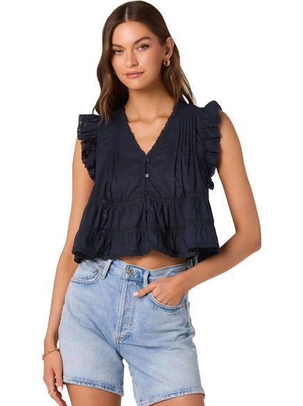 Astr The Label Julie Flutter Sleeve Cropped Top - Navy