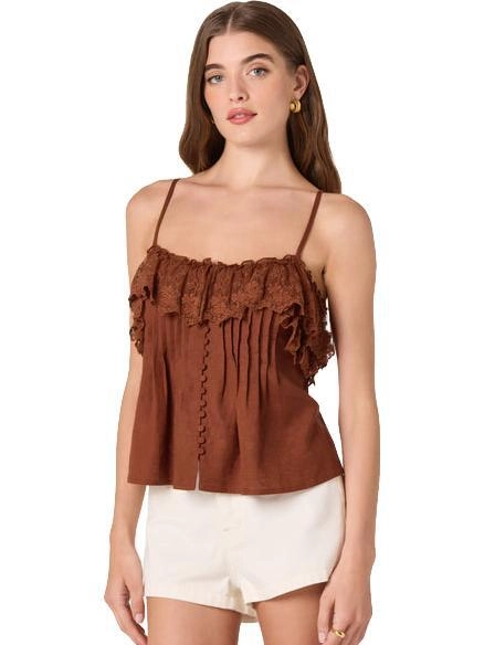 Astr The Label Nellie Ruffled Lace Trim Tank Top - Rust Brown