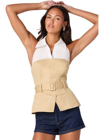 Astr The Label Belted Collared Halter Top - Khaki