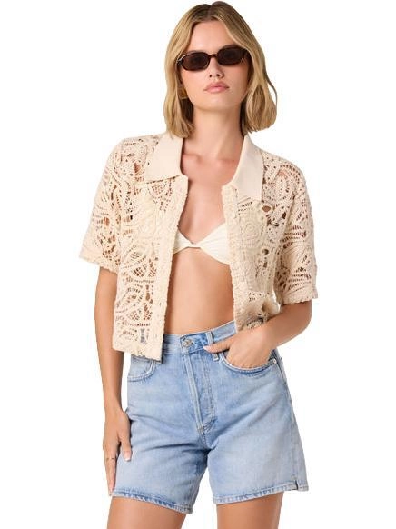 Astr The Label Loren Crochet Cropped Button-up Shirt - Natural