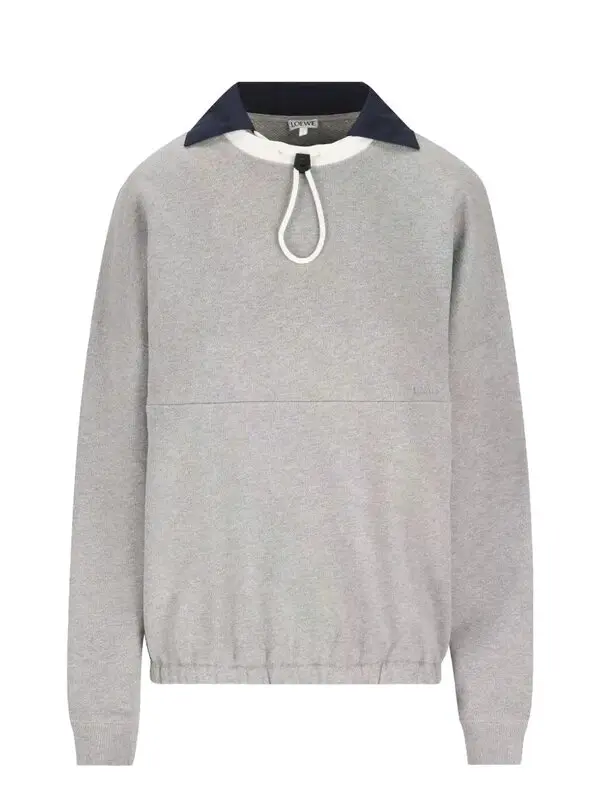 Loewe Drawstring Collar Logo Embroidered Sweater - Grey