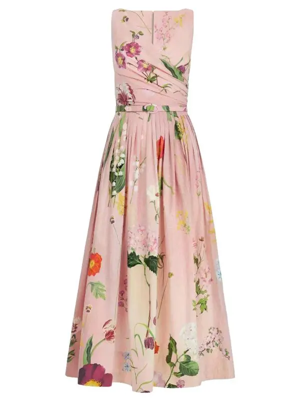 Oscar De La Renta Botanical Print Draped Midi Dress - Pink