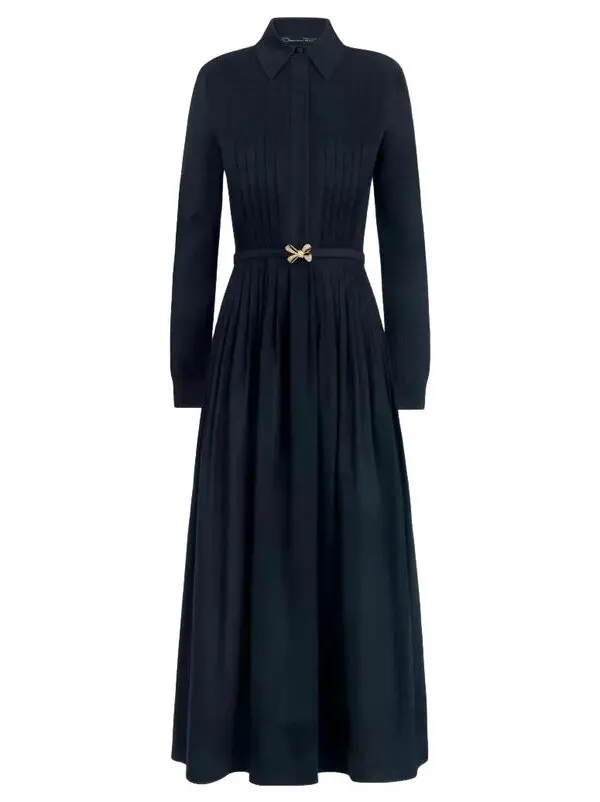 Oscar De La Renta Pleated Midi Shirt Dress With Bow Belt - Blue