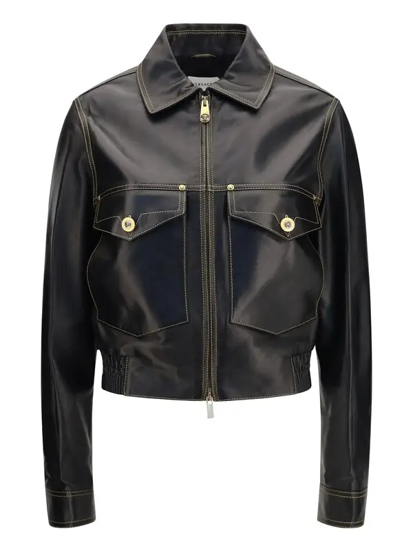 Versace Nappa Leather Blouson Jacket With Medusa Accents - Black