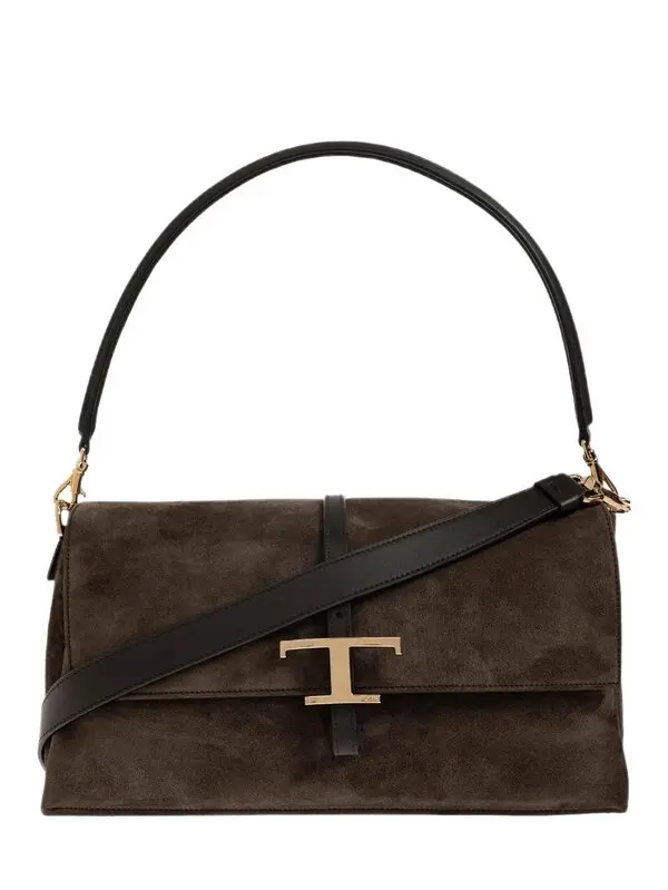 TOD'S Small Suede Timeless Flap Bag With T-detail - Brown