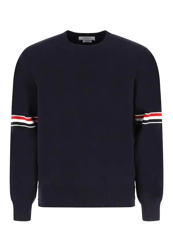 Thom Browne Ribbed Crew Neck Sweater With Striped Sleeves - Blue