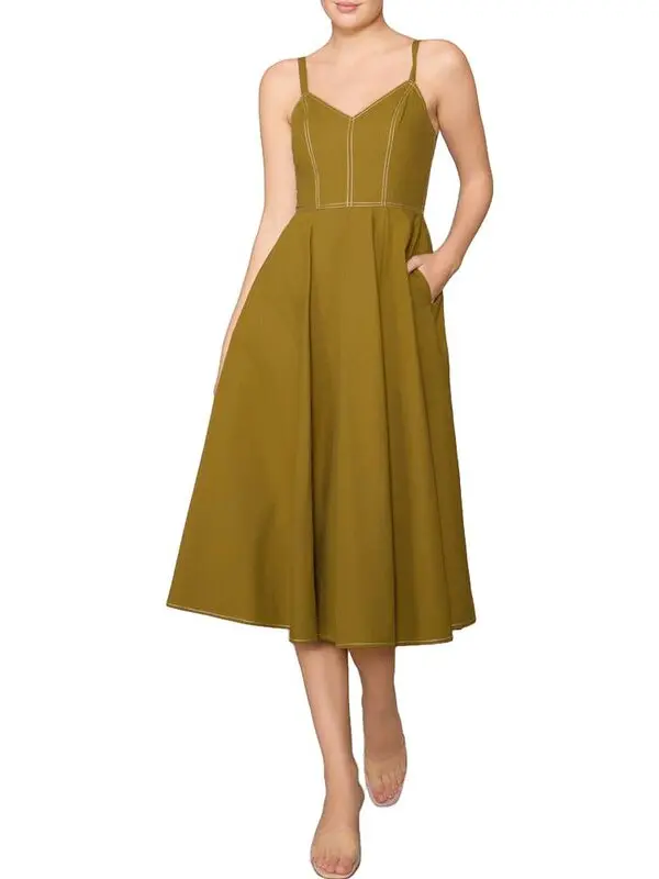 MELLODAY Contrast Stitched Poplin Midi Dress - Olive