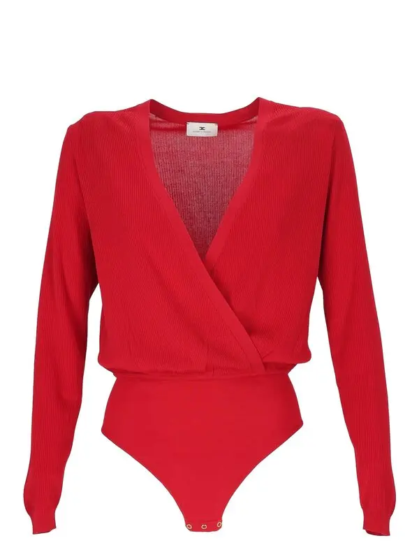 Elisabetta Franchi Ribbed Knit V-neck Bodysuit - Red