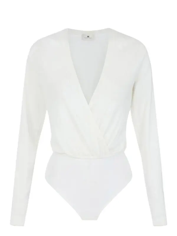 Elisabetta Franchi Ribbed Knit Bodysuit With V-neck And Draped Hem - Ivory