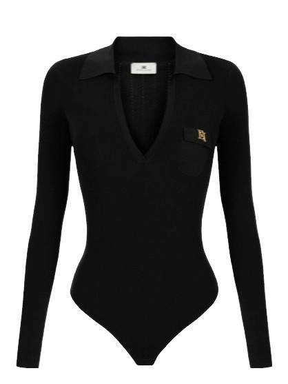 Elisabetta Franchi Openwork Embroidered Knitted Bodysuit With Gold-tone Metal Details - Black