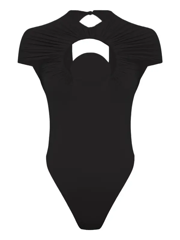 MARINE SERRE Short-sleeved Knitted One-piece Swimsuit With Logo Cut-out - Black