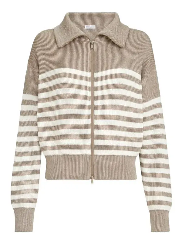 Brunello Cucinelli Sparkling Cotton Striped English Rib Cardigan With Zipper And Monili - Taupe