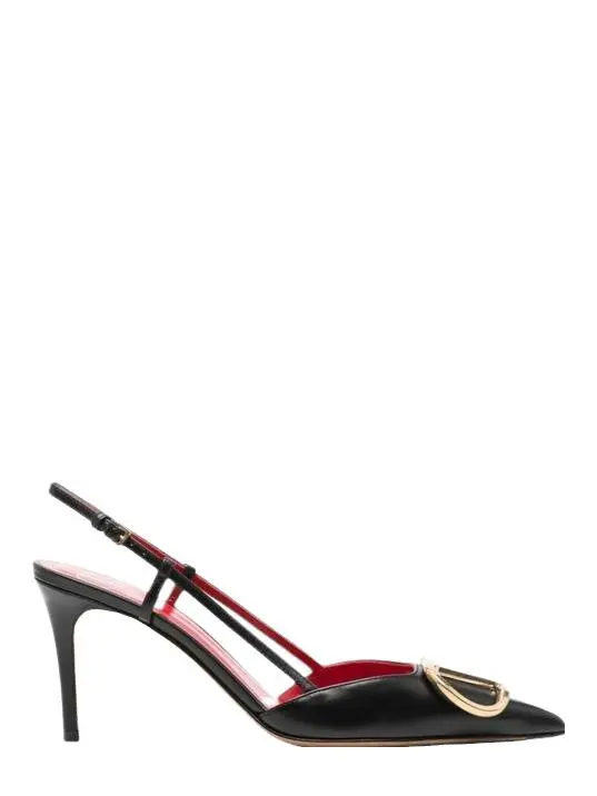 Valentino Garavani Leather Pointed Toe High-heeled Slingback Sandals With Gold-tone Vlogo Embellishment - Black