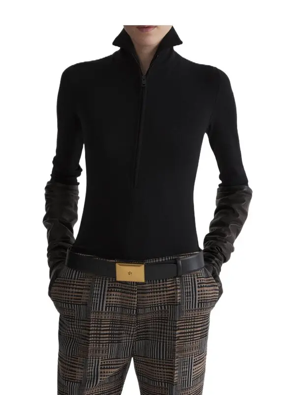 MUGLER Long Sleeve High Neck Zip Up Top - Black