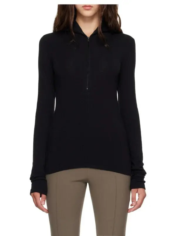 MUGLER Long Sleeve High Neck Zip Up Top - Black