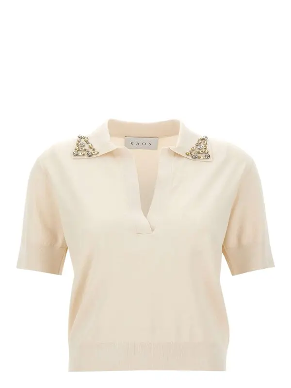KAOS Embellished Collar Knitted Polo Top - White