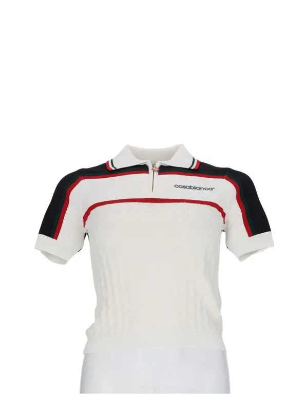Casablanca Textured Knit Zip Polo Top - Whitenavy