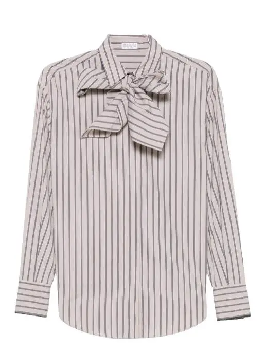 Brunello Cucinelli Striped Shirt With Tie Detail - Beige