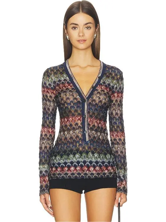 Missoni V-neck Cardigan In Metallic Knit - Multi Dark Version