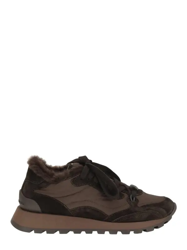 Brunello Cucinelli Suede And Techno Fabric Sneakers With Shearling Lining And Monile - Brown