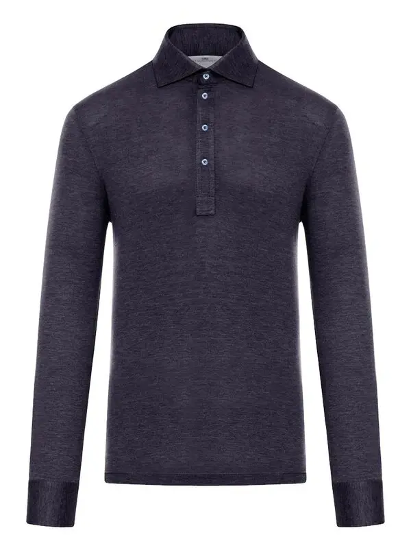 Brunello Cucinelli Long-sleeved Polo Shirt In Light Silk And Cotton Jersey With Shirt Collar - Blue