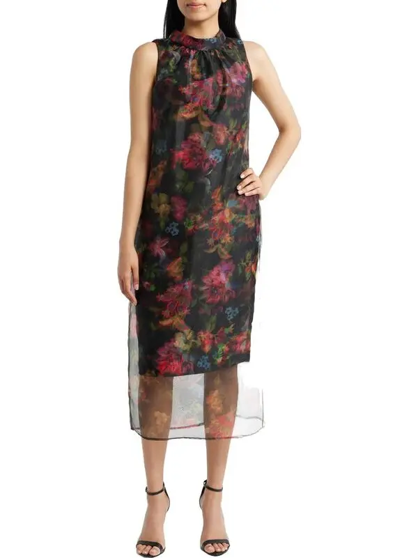 Vince Camuto Floral Print Organza Overlay High Neck Midi Dress - Blck Multi