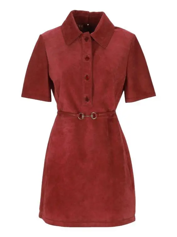 Gucci Short-sleeve Shirt Dress With Horsebit Belt - Red