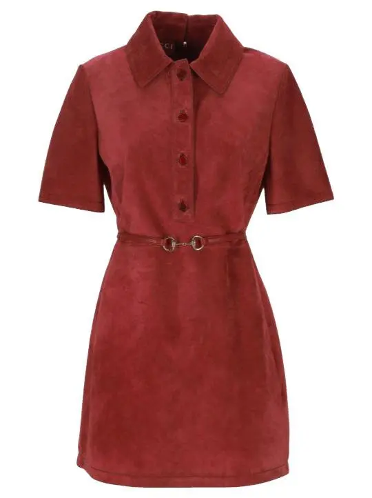 Gucci Short-sleeve Shirt Dress With Horsebit Belt - Red