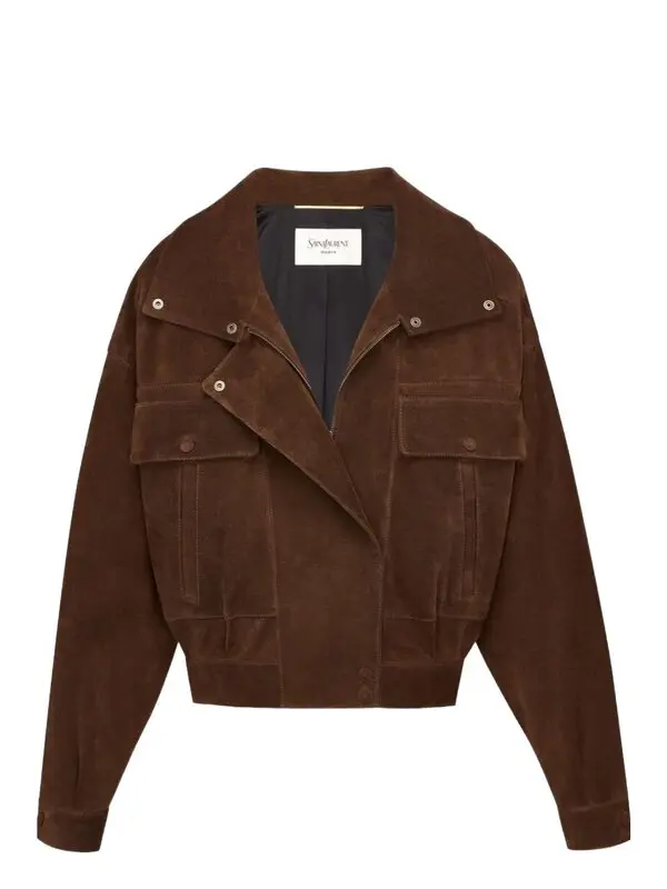Saint Laurent Zip-up Short Jacket With Stand Collar - Brown