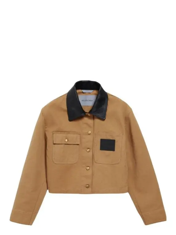 Balenciaga Cropped Workwear Jacket With Leather Notch Lapel - Beige