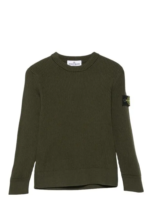 Stone Island Ribbed Wool Crew Neck Sweater With Compass Patch - Green