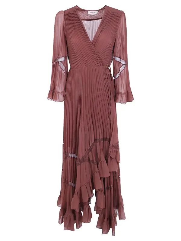 TWINSET Pleated Maxi Dress With Asymmetrical Hem - Red