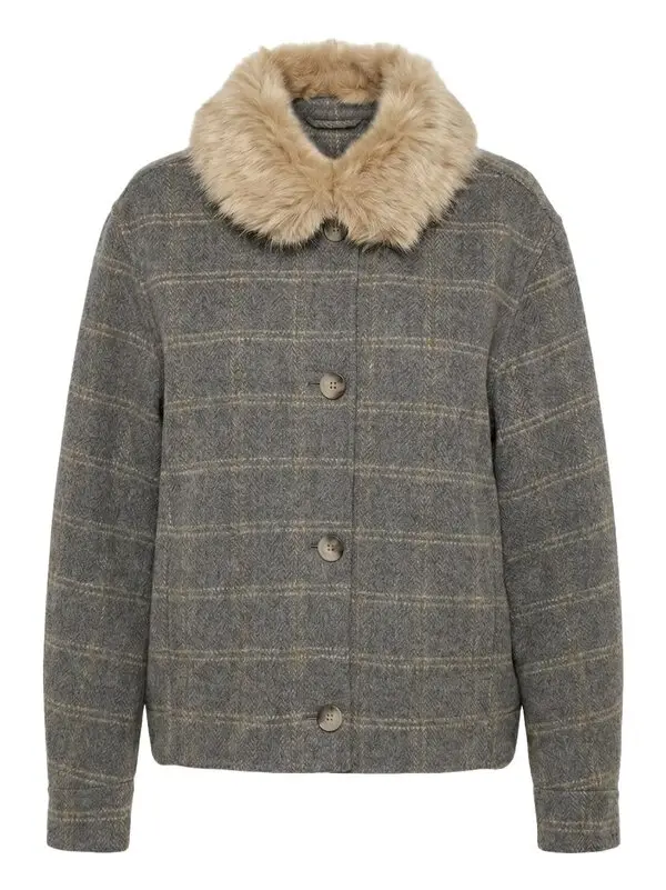 TWINSET Wool Blend Plaid Coat With Faux Fur Collar - Mustard Check