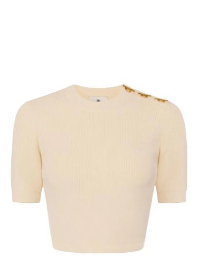Elisabetta Franchi Ribbed Knit T-shirt With Chain Detail - Cream